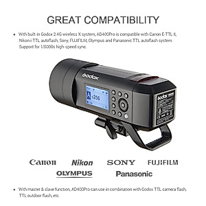 Godox AD400 Pro All-in-One Outdoor Flash, 400W 2.4G Wireless X System TTL Strobe Light, 1/8000 HSS Flash Monolight,390 Full Power Pops, 0.01-1s Recycle Time, 30w LED Modeling Lamp