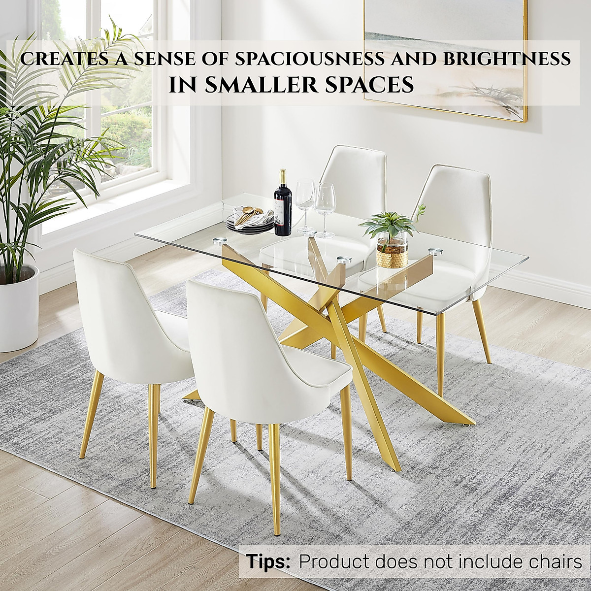 Edwin's Choice 58.5” Rectangle Glass Dining Table, Tempered Glass Table Top and Metal Tubular Legs, Modern Style Table for Home, Kitchen, Dining Room 58.5”Lx29”Wx30”H, Gold (Table Only)