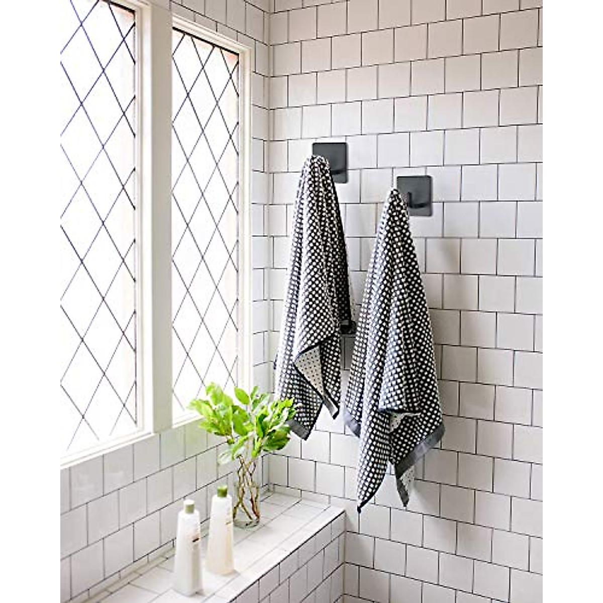 Yikla Adhesive Hooks, Bathroom Wall Towel Hooks, Black Stick Shower Razor Holder, Stainless Steel Door Hangers for Coat Loofah Robes Self Adhesive Organizer for Kitchen