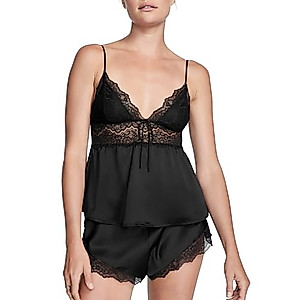 Victoria's Secret Stretch Lace & Satin Cami Set, Silk Lingerie, Sexy Nightwear, 2 Piece Loungewear Set, Women's Sleepwear, Black (XL)