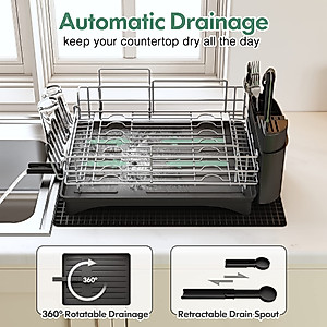 Qienrrae Dish Drying Rack, 2 Tier Large Rack and Drainboard Set with Swivel Spout, Stainless Steel Drainer for Kitchen Counter Wine Glass Holder, Utensil Mat