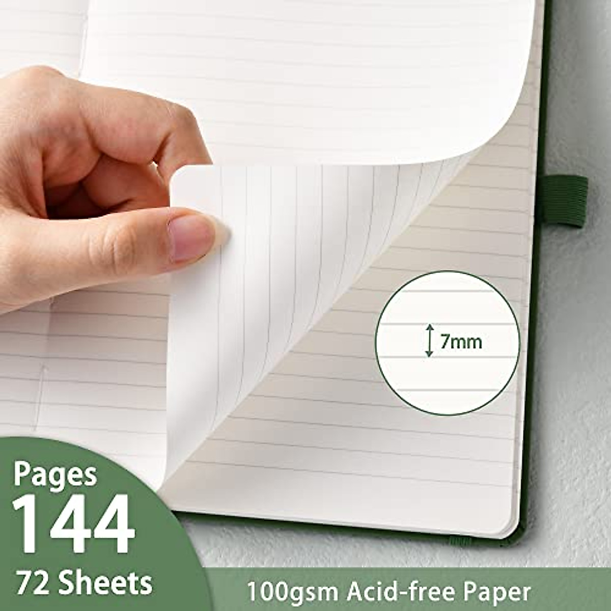 WORPICE Ruled Notebook Journal - Faux Leather Hardcover Writing Notebook, 5.7" x 8.4", 144 Pages, Lined Notebook/Journal with 100 GSM Thick Paper, Elastic Closure, Back Pocket, Bookmark - Green