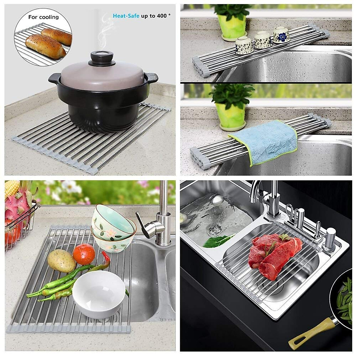 Homexpect Roll up Dish Drying Rack 17 inches x 13.5 inches, 304 Stainless Steel Over The Sink Dish Drying Rack, Foldable, Rollable and Easy to Store, Black