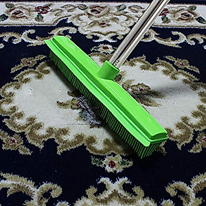 Long Handled Carpet Rubber Broom Soft Bristles and Squeegee Edge Sweeper Push Broom Indoor, Green