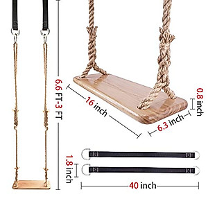 leofit Hanging Wooden Tree Swing 16 x 6.3 Adjustable 80 Inch Rope 40 Inch Connecting Strap Accessories for Backyard, Playground, Porch, Patio, Garden, Park, Home