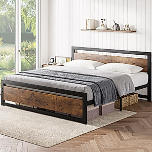 GarveeHome King Size Bed Frame, Industrial King Bed Platform with Headboard No Box Spring Needed, 14 Inch Easy Assemble King Mattress Bedframe, Retro Brown