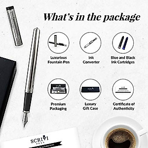 SCRIVI PENS Fountain Pen Set [Extra Fine Nib], Classic Collection; Gift Case; 2 Ink Cartridges, Ink Refill Converter, Calligraphy, Smooth Writing Pens [Silver Chrome Trim], Perfect for Men and Women