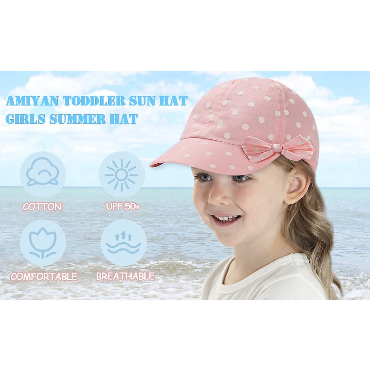 AMIYAN Toddler Sun Hat Girls Summer Cap Polka Dot Bow-tie Beach Hat Baseball Caps UPF 50+ UV Protection