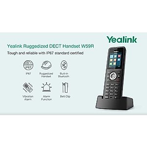 Yealink W59R Cordless Ruggedized DECT IP Phone, Base Station Not Included, 1.8-Inch Color Display, Power Adapter Included
