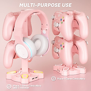 KDD Headphone Stand with Light Modes - Rotatable Pink Game Headset Holder with 3.5mm AUX & 2 USB Port - Suitable for PC Desk Accessories Gamers Gift(Pink)
