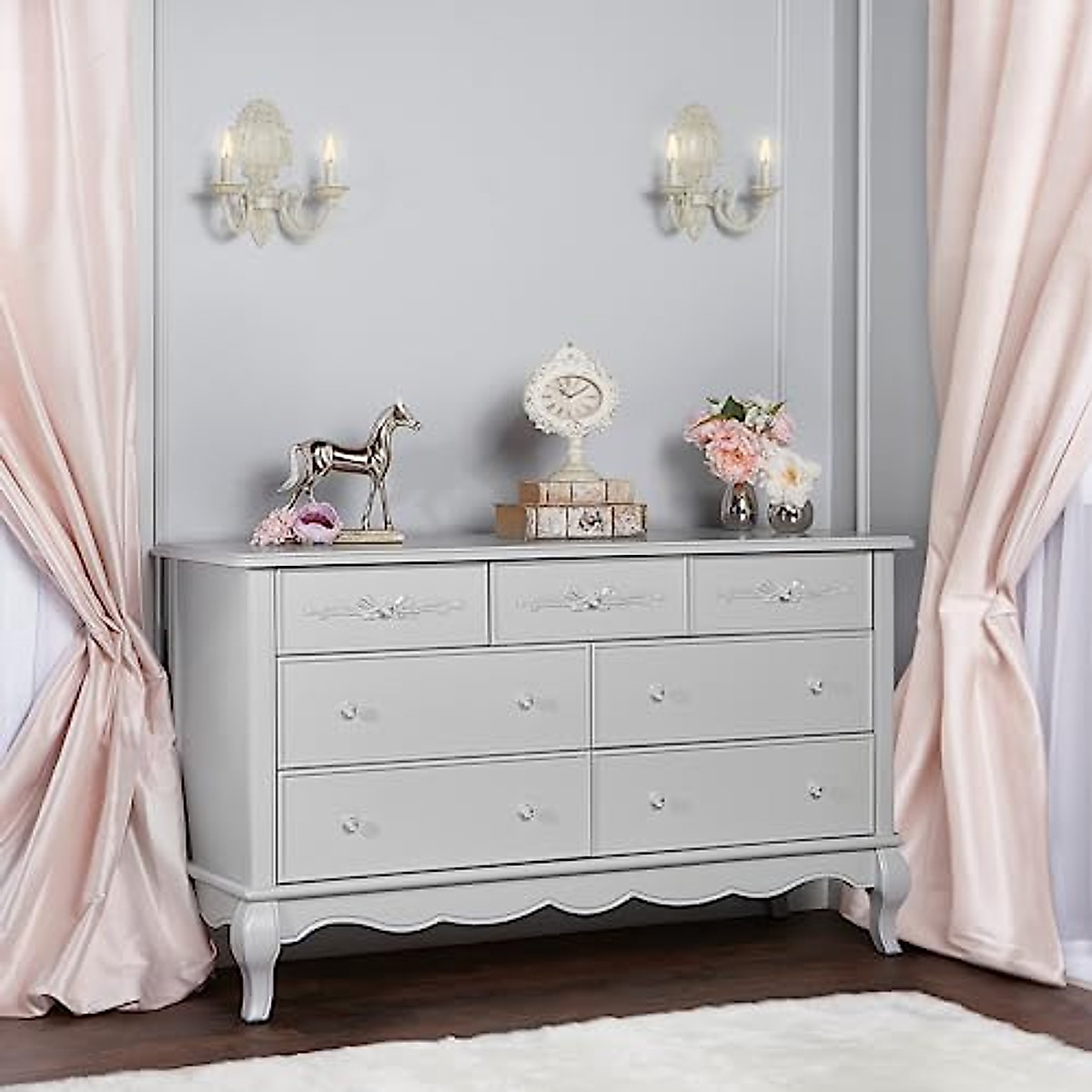 Evolur Aurora 7 Drawer Double Dresser, Akoya Grey Pearl/Silver Mist