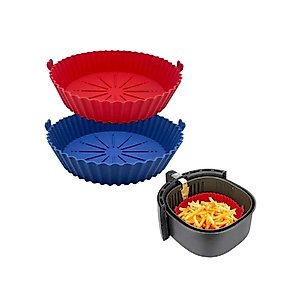6.7 inch reusable silicone air fryer baskets; heat-resistant simple to clean. Silicone Pot for Air Fryer Oven Accessories, (Blue + Red)