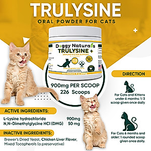 Trulysine Plus L-Lysine for Cats Immune Support Oral Powder 8oz/226g - Cats & Kittens of All Age, Sneezing, Runny Nose Squinting, Watery Eyes Chicken Liver Flavor (U.S.A)(226 Grams (900mg / Scoop))