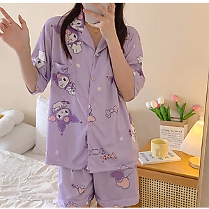 WANHONGYUE Kawaii Kuromi Pajamas for Women Girls Sleepwear Loungewear Short Sleeve Shirt with Shorts 2 Piece Pajama Sets Purple/1 M