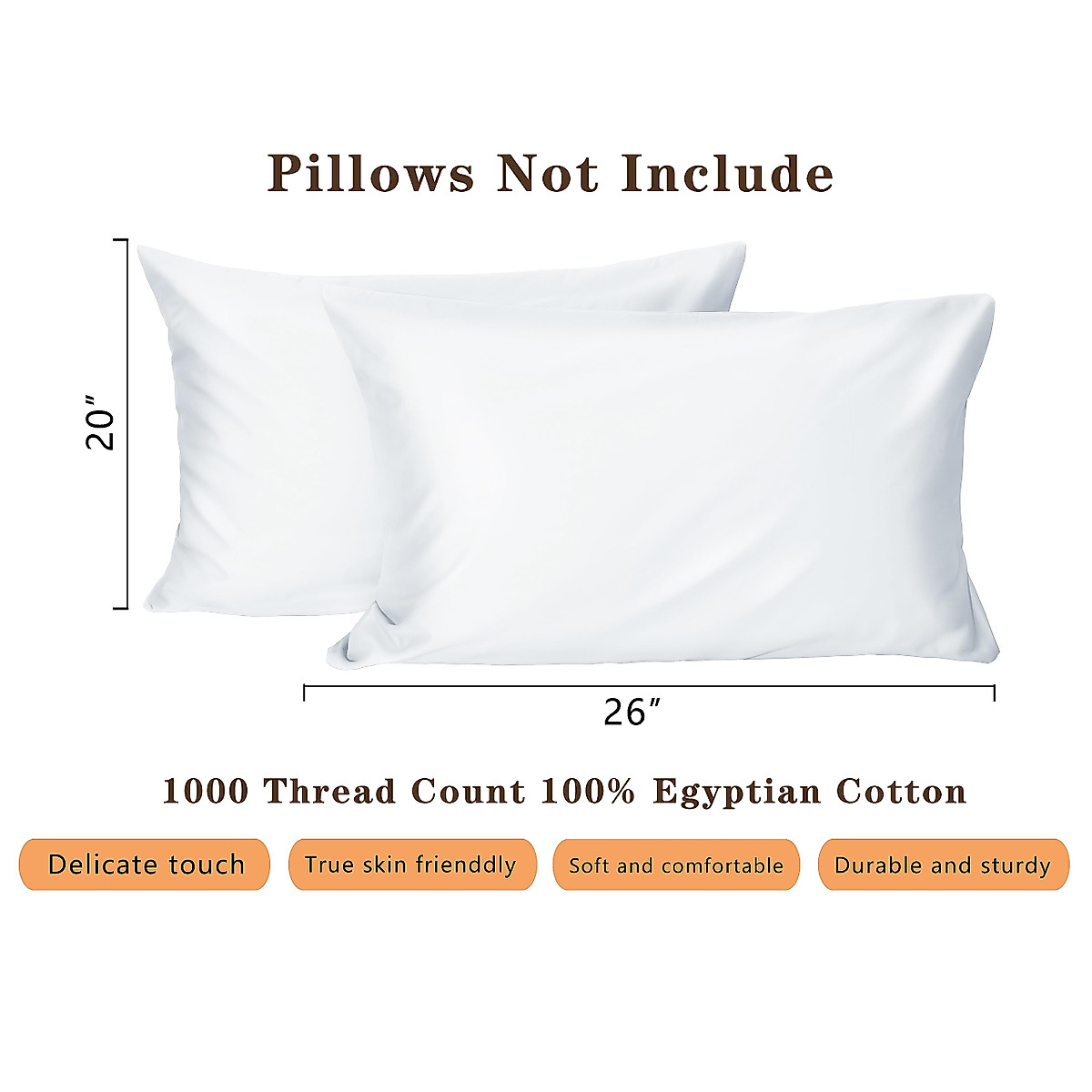 1000 Thread Count 100% Egyptian Cotton Pillowcases for Sleeping,Satin Pattern White, Envelope Closure Pillowcase Silk Soft Bed Pillow Cover(2 Pcs Standard 20"x26", White)…