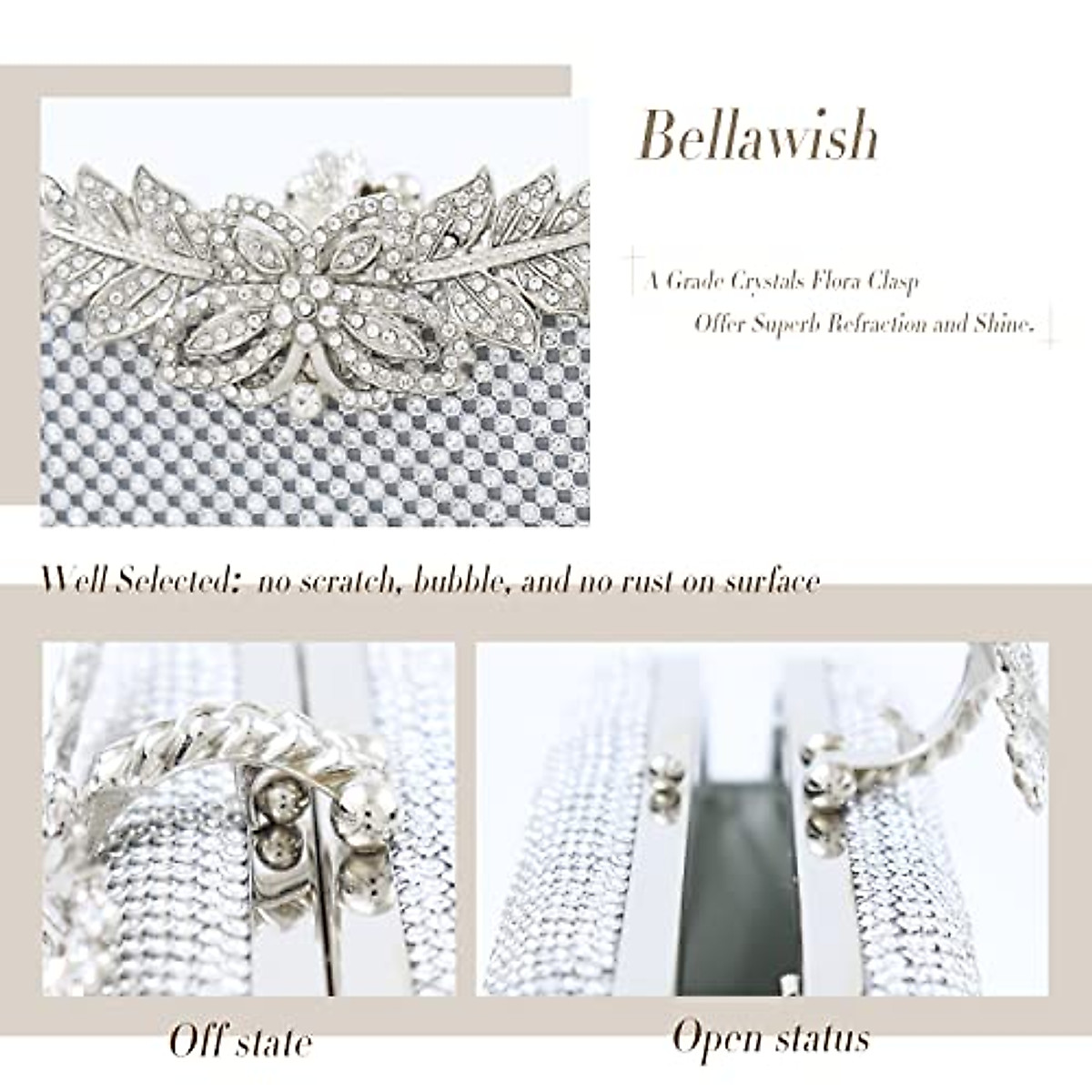 Bellawish Silver Clutch Purses for Women Wedding Crystal Rhinestones Women'S Evening Clutch Handbags with Flora Clasp for Bridal Parites Prom
