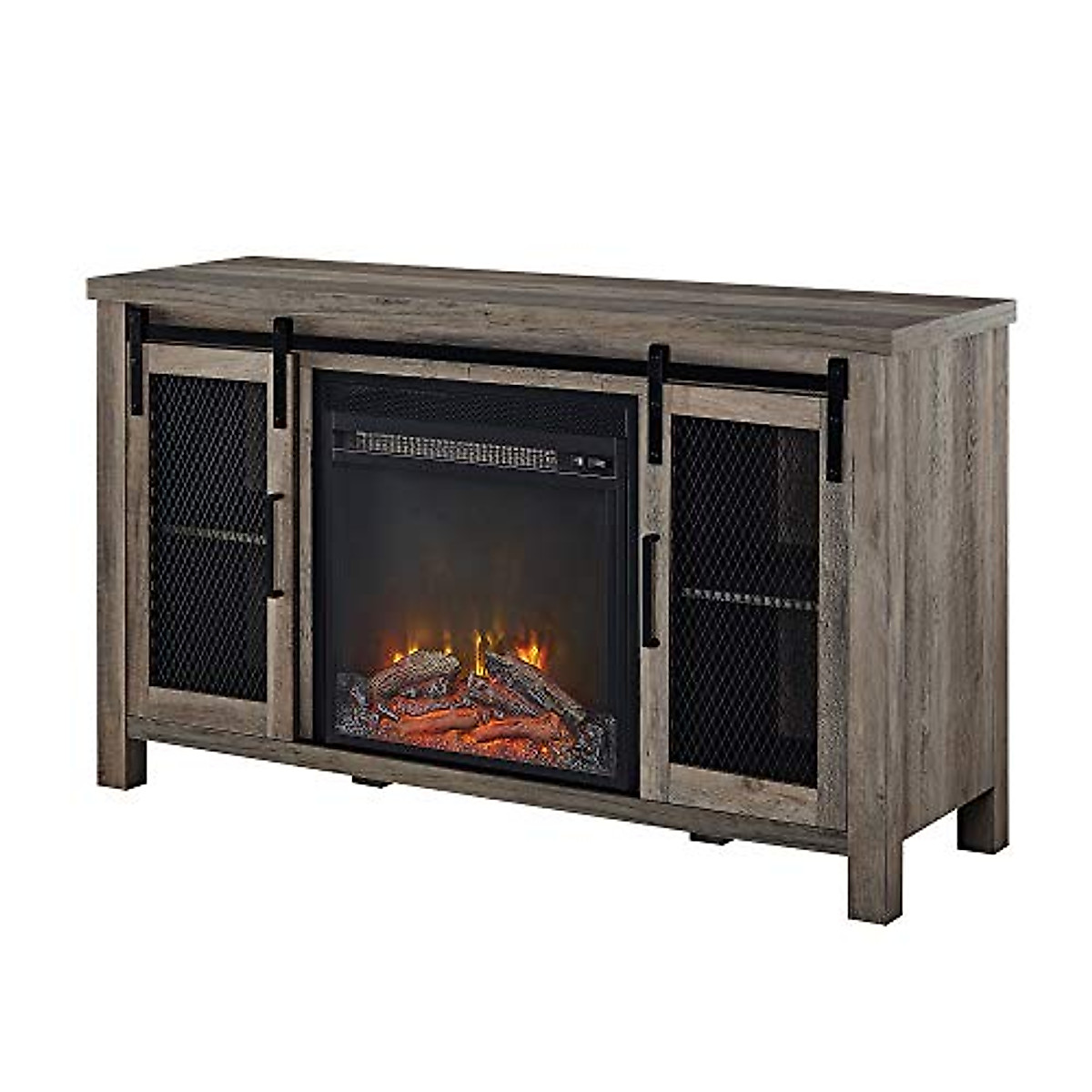 Walker Edison Tall Farmhouse Metal Mesh Barndoor and Wood Universal Fireplace TV Stand or TV's up to 55" Flat Screen Living Room Storage Entertainment Center, 48 Inch, Grey Wash