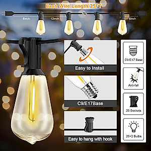 G40 Outdoor String Lights 50FT LED Backyard Lights, Globe Shatterproof String Light, Commercial Hanging Lights for Garden Terrace Decoration Wedding Cafe pergola, Brown Wire