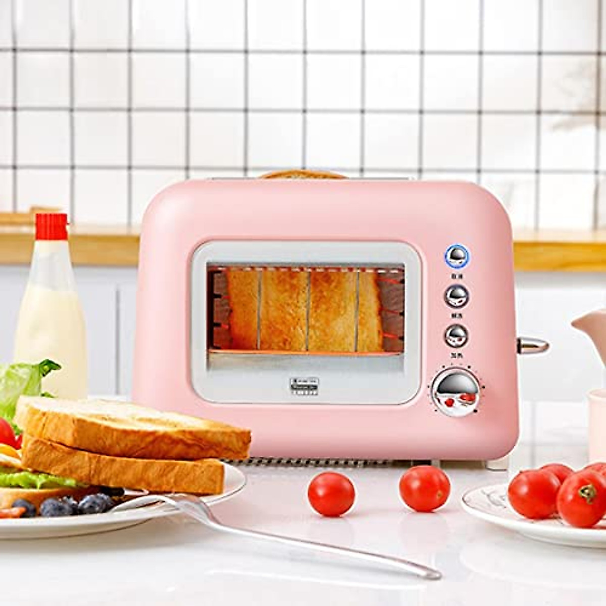 Toaster Ovens Toaster, Transparent Window, Breakfast Machine Home Small Multi-Function Automatic Toaster Toaster, Double-Sided Baking (Color : Pink, Size : 272mm*186mm*185mm)