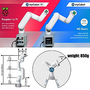 ELEPHANT ROBOTICS Robotic Arm myCobot 280 with Raspberry Pi 4& Flat Base, Open Source 6-DOF Robot Arm, Collaborative Desktop Coding Robot, Education ROS Robot Arms for Programming Learning