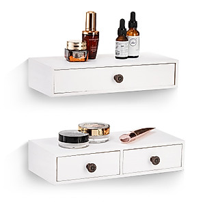 Yesland 2 Packs Floating Nightstand with Drawer - Rustic Wood Floating Wall Mounted Drawers Floating Shelf with Drawer for Living Room, Bedroom, Kitchen, Wall Decor, Storage, Display - White