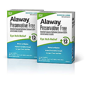Alaway Allergy Eye Drops, Preservative Free Antihistamine Eye Drop for up to 12 Hours of Dry Eye and Eye Itch Relief, 20 Single-Dose Vials (Pack of 2)