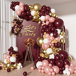 142pcs Burgundy Balloon Arch Garland Kit with Metallic Rose Gold Maroon Gold Balloons for Birthday Baby Shower Valentines Day Bridal Shower Wedding Engagement Bachelorette Party Decorations