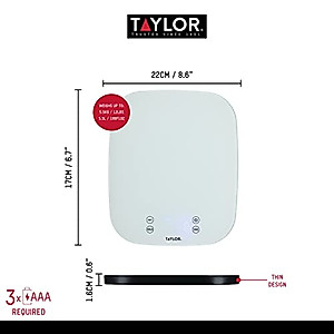 Taylor Pro Digital Kitchen Food Scales, Compact Professional Standard with Precision Accuracy and Waterproof Design with Tare Feature, White Glass, Weighs 14 kg/14 L Capacity