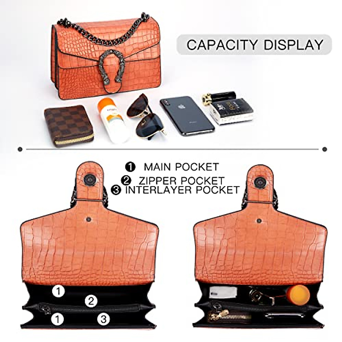 GLOD JORLEE Chain Crossbody Shoulder Bags for Women - Snakeskin Textured Print Leather Satchel Handbags Luxury Evening Clutch Purses (Orange)