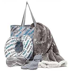 Chanasya Premium Care Gift Package - Throw Blanket, Neck Pillow, Eye Mask, Tote Bag, Socks - 50” x 65” - 5-Piece Set, Gray