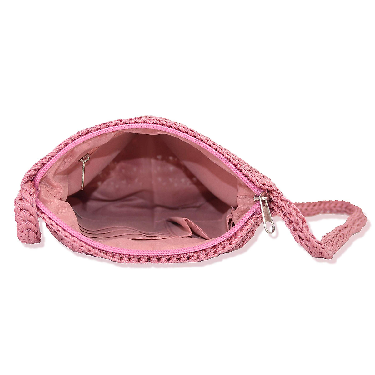 HatQuarters Boho Crochet Crossbody Handbag, Organizer Sling Bag, Small Crocheted Hippie Purse (Rose)