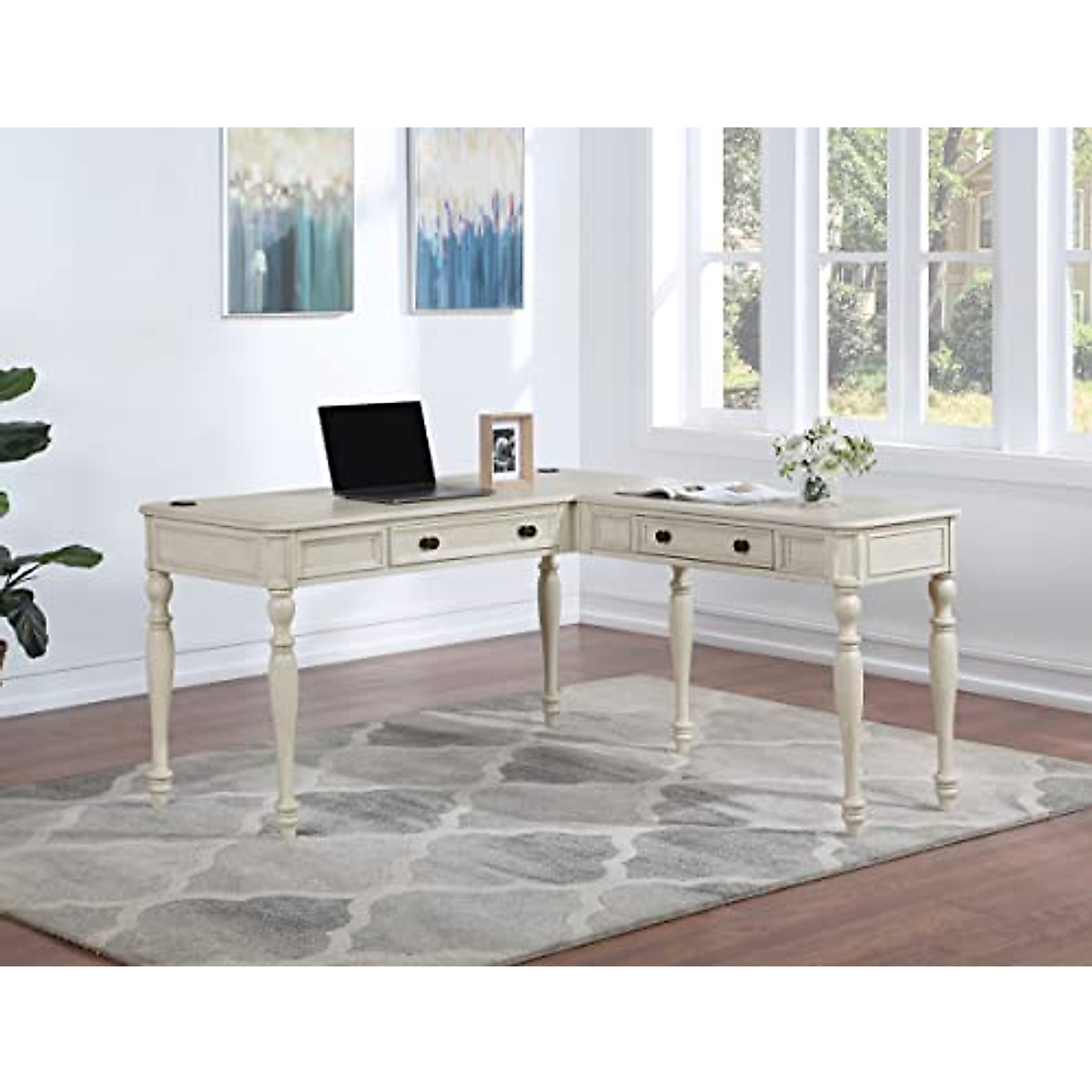 OSP Home Furnishings Country Meadows L-Shape Desk with 2 Full Drawers and Power Hub, Antique White