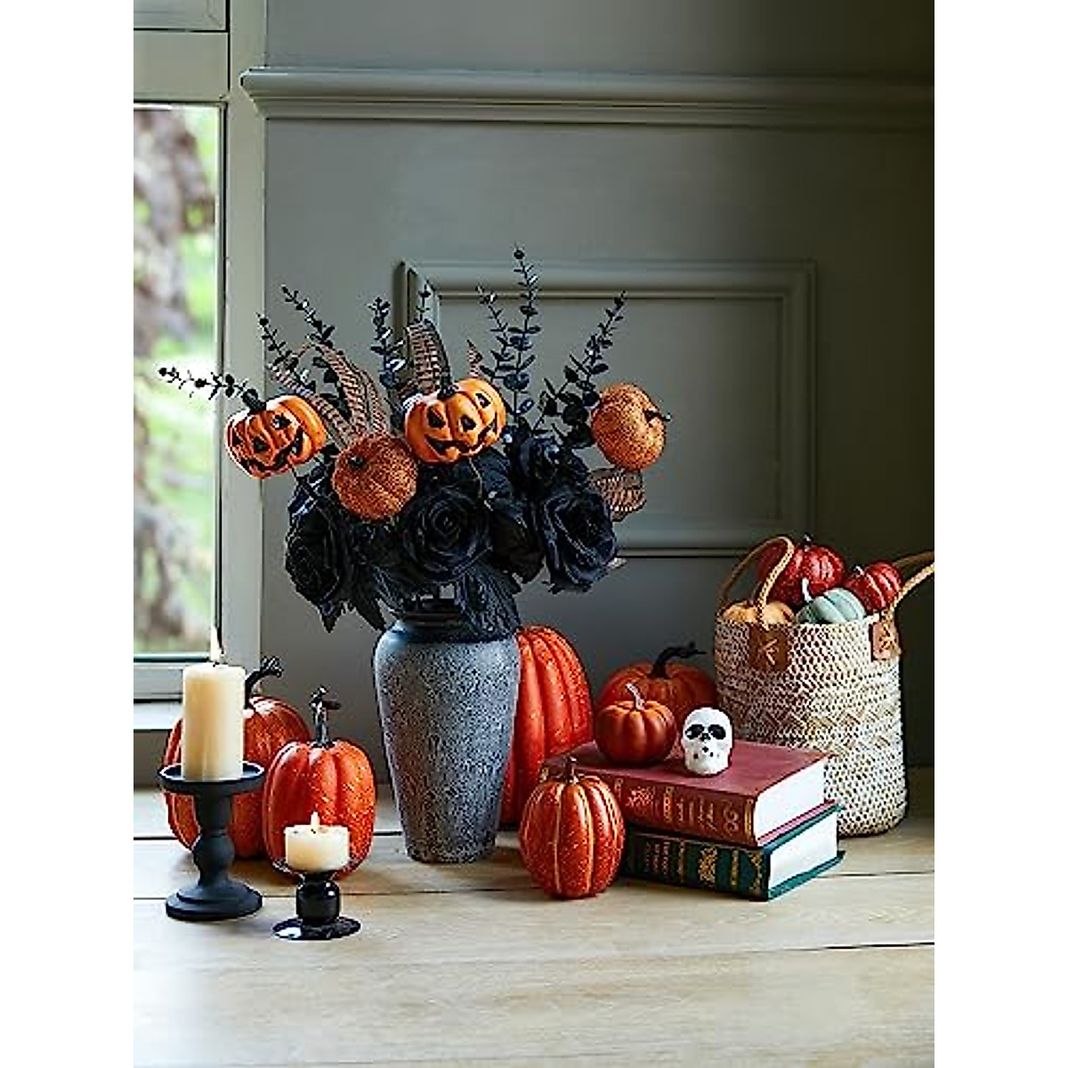 Anna's Whimsy 10PCS Halloween Decor Artificial Flowers Black Roses with Pumpkins, Halloween Table Centerpiece for Dining Kitchen Living Room Bedroom Front Door, Silk Flowers Bouquet Indoor Outdoor