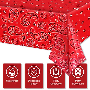 Western Party Tablecloth Paisley Table Cover Bandana Plastic Table Cloth Rectangle Floral Tablecloth for Western Cowboy Themed Party Decorations, 108 X 54 Inches (Red, 1 Pack)