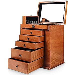 Homde Large Wooden Jewelry Box/Cabinet/Armoire with Lock for Women Girls Ring Necklace (Large)