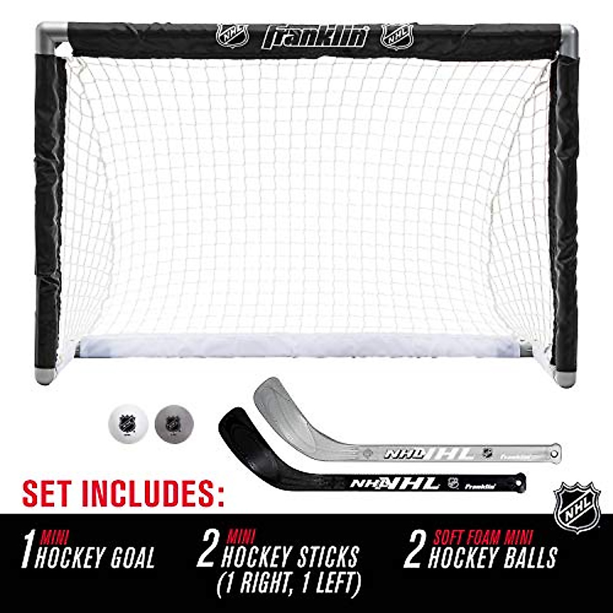 Franklin Sports NHL Youth Mini Hockey Goal + Stick Set - Kids Knee Hockey Goal, Sticks + Foam Mini Balls - (1) Goal, (2) Mini Sticks + (2) Balls Included
