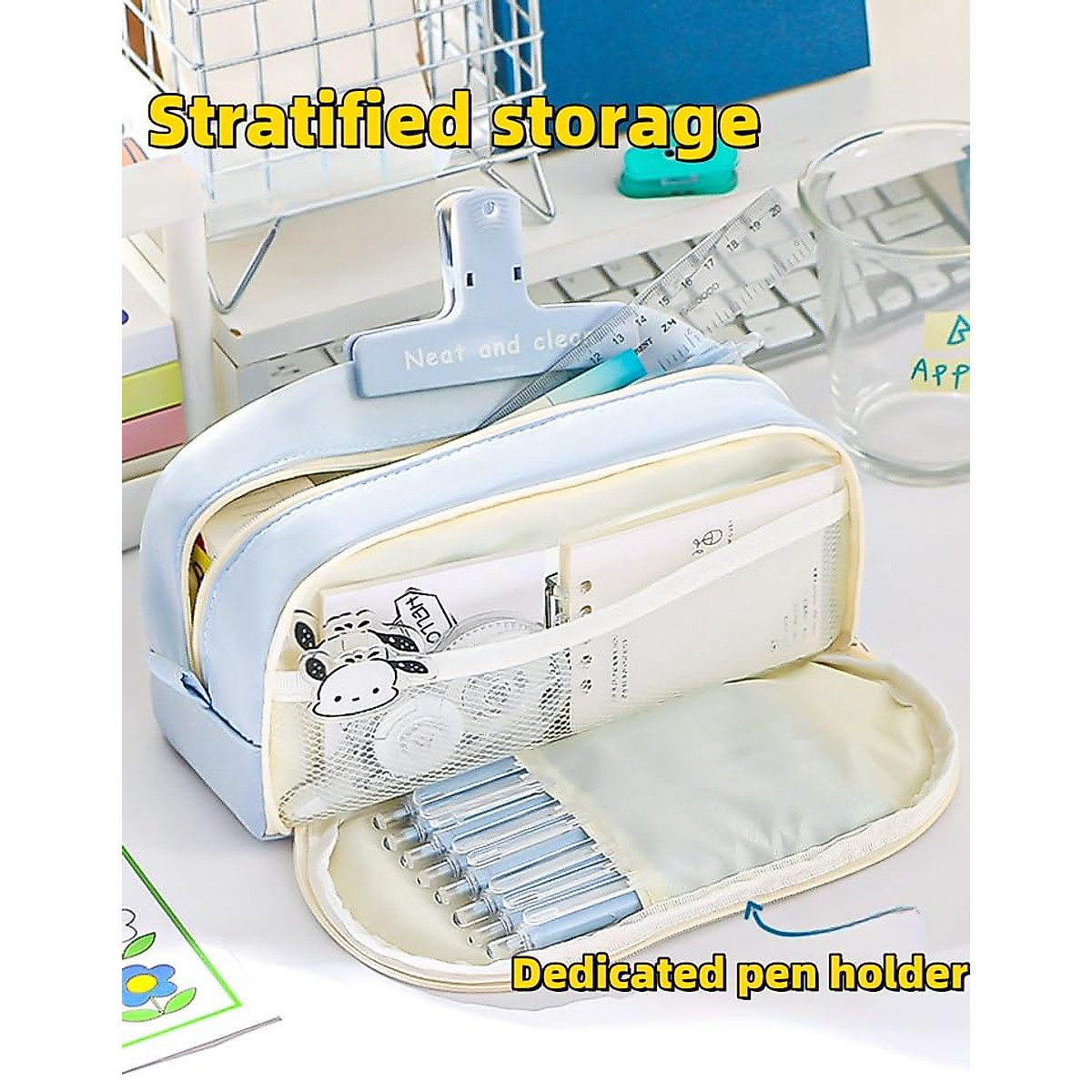 UIVXXUD Adorable Macaron-Colored Double-Layer Canvas Pencil Case Pencil Holder Pencil Bag Pouch with Spacious Opening & Capacity, Includes Pens & Magnetic Clip (Beige)