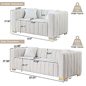 KIVENJAJA 2 Piece Living Room Furniture Set, Including Loveseat and 3-Seater Sofa Couch with Channel Tufted Velvet Fabric, 4 Pillows for Bedroom Apartment, White