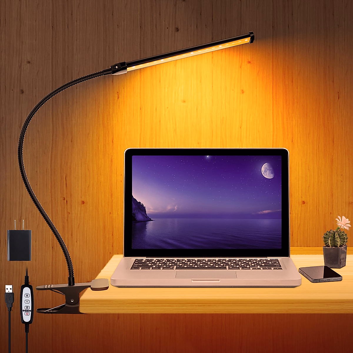 Desk Lamp for Office Home, Eye-Caring USB Clip on Light 3 Modes 5 Brightness, Adjustable 5W LED Desk Light Flexible Gooseneck Clamp Light for Workbench Headboard Study Reading Drafting(Metal)