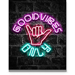 Good Vibes Only Wall Art 11x14 inch Unframed Art Print Poster With Bright Color Neon Style on Black Brick Backgound for Office, Classroom, Man Cave, Woman Cave or Home Decor