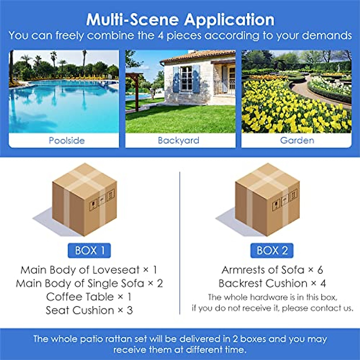 HAPPYGRILL 4 Piece Patio Conversation Set Rattan Sectional Sofa Set with Soft Cushions and Coffee Table, Outdoor Wicker Furniture Set with Acacia Wood Armrests, Perfect for Poolside, Garden, Backyard