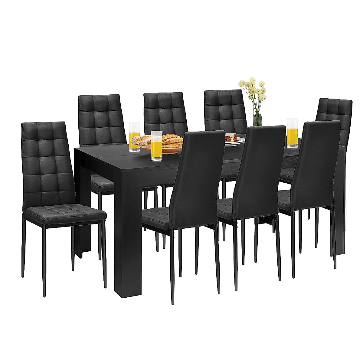Giantex 9 Pcs Dining Table Set, Wood Rectangular Table with 8 Upholstered Chairs Set, Modern Kitchen Table Set, Black Dining Room Table Set, Home Kitchen Dinette Furniture Family Party