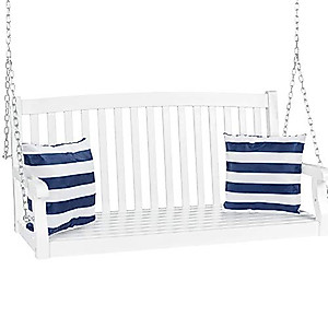 Best Choice Products 48in Wood Porch Swing Outdoor Patio Hanging Bench Chair Furniture for Deck, Garden, Yard w/Mounting Chains, Curved Back Design, 500lb Weight Capacity - White