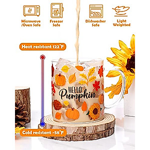 Nefelibata Fall Pumpkin Glass Mug 15 Oz Clear Cup With Handle, Large Espresso Iced Coffee Cup Hot Beverage Cappuccino Tea Drinking Glassware Autumn Decor for Coffee Bar Halloween Thanksgiving Gift