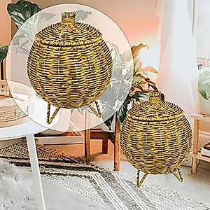 Colcolo Retro Style Rattan Round Serving Basket with Lid Handmade Woven Art Decor Storage Tray Bouquets for Organizing Home Decorative Tabletop, Imitation Rattan