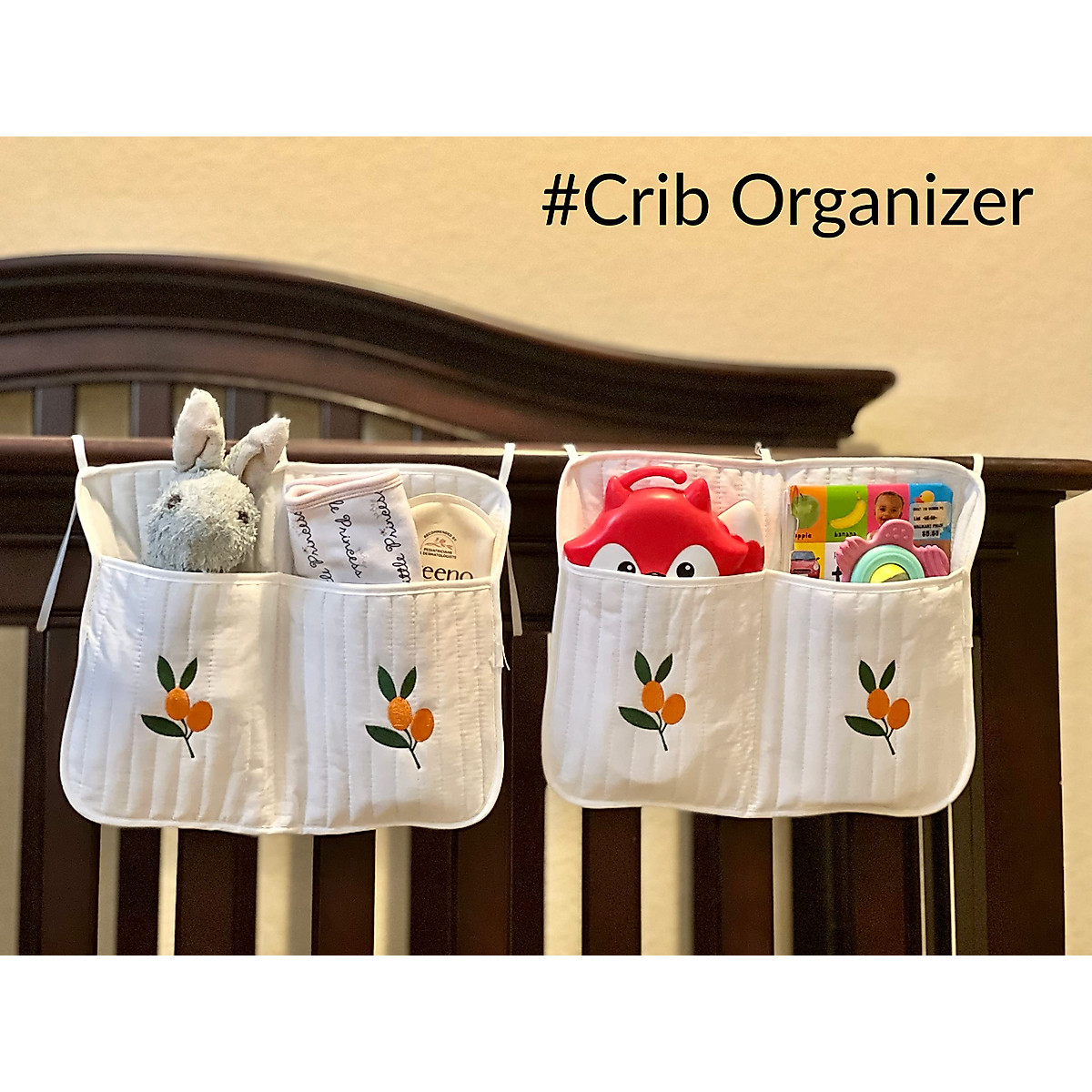 2 Pieces Nursery Hanging Organizer For Crib and Changing Table-Double Pocket Hanging Bag-Hanging toy storage-Cotton and Machine washable (Olive)