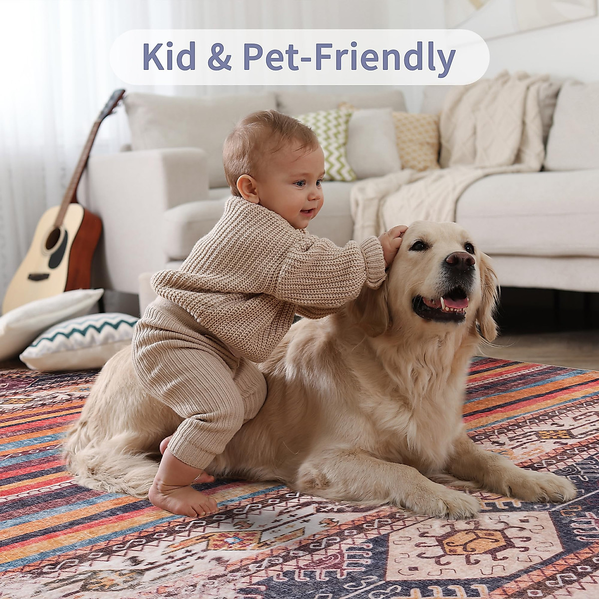 Washable Rug 6x9 Stripe Boho Area Rug, Vintage Living Room Rug Indoor Non-Slip Non-Shedding Soft Foldable Faux Wool Large Area Rug for Bedroom, Dining Room, Farmhouse, Kids Playroom(Cream/Mix)