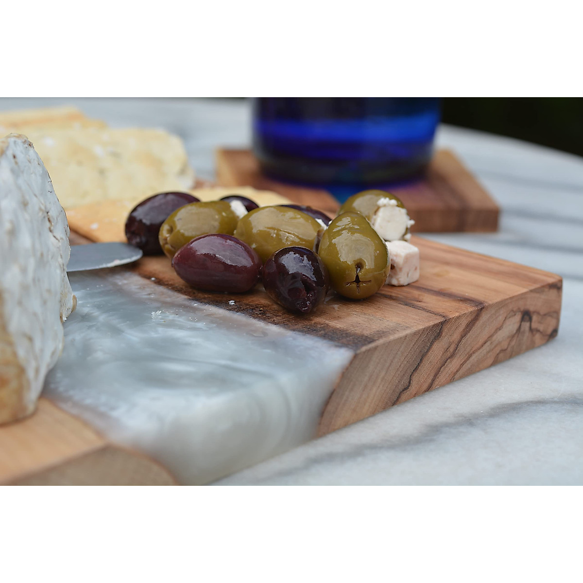 THE LIVE EDGE - Olive Wood Beautiful Charcuterie Board with Grey Resin | Epoxy Wood Cutting Board | Handmade Large Charcuterie Board | Wooden Cheese Board Set | Modern Cool Charcuterie Boards Gift Set