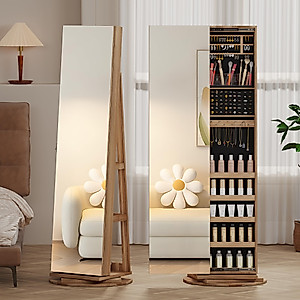 LVSOMT 360° Swivel Jewelry Cabinet with Full Length Mirror, 63" Large Jewelry Armoire Organizer, Lockable Mirror with Jewelry Storage, Floor Standing Mirror, Rear Storage Shelves