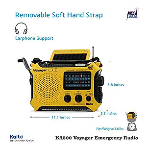 Kaito KA500 5-way Powered Solar Power,Dynamo Crank, Wind Up Emergency AM/FM/SW/NOAA Weather Alert Radio with Flashlight,Reading Lamp and Cellphone Charger, Yellow